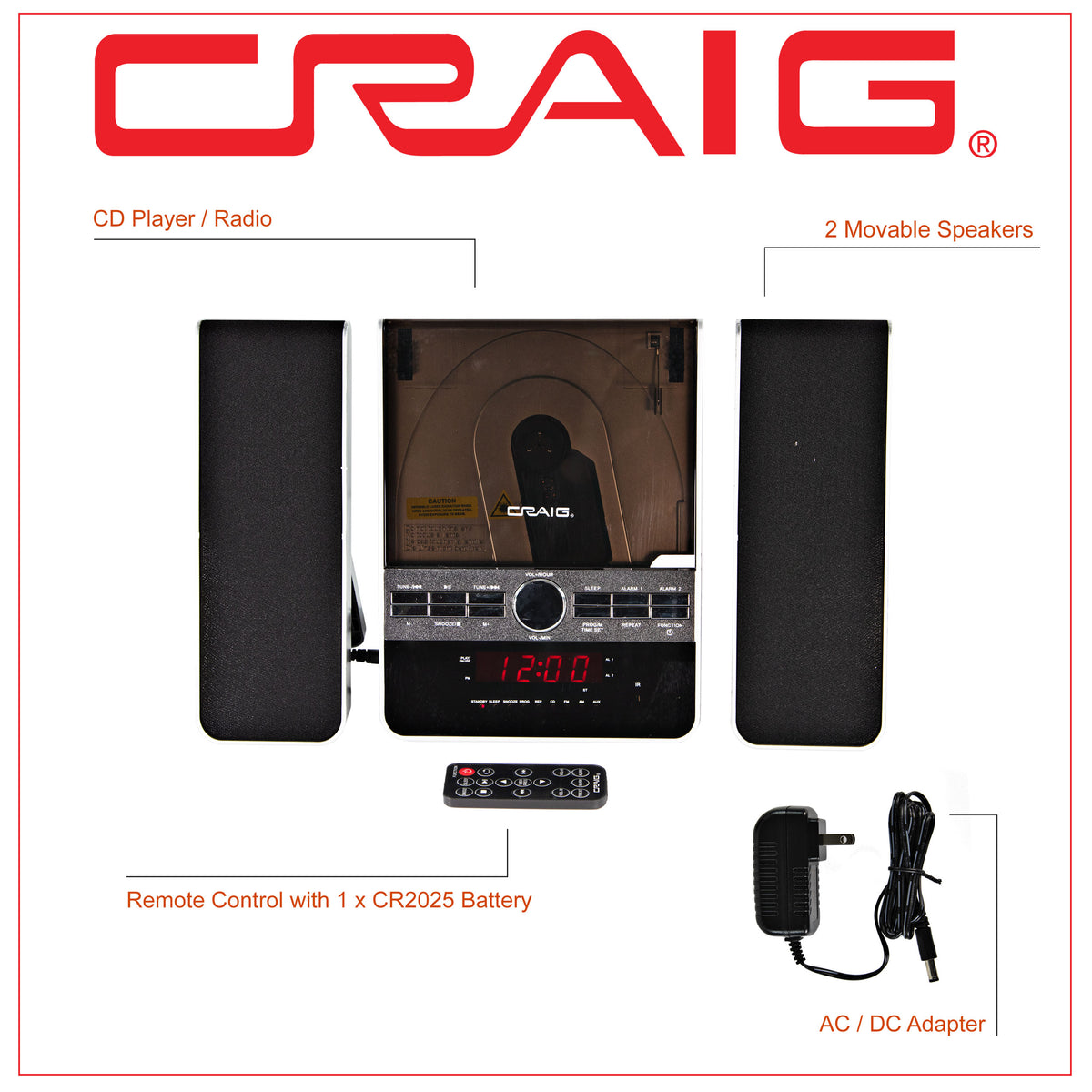 Craig CM427 3-Piece Vertical CD Stereo Shelf System with AM/FM and Rem ...
